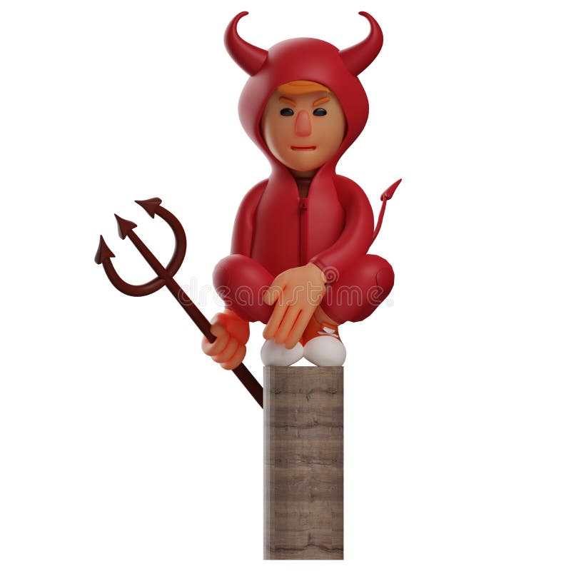 3D Red Devil Cartoon Illustration Sitting on a Piece of Wood Stock ...