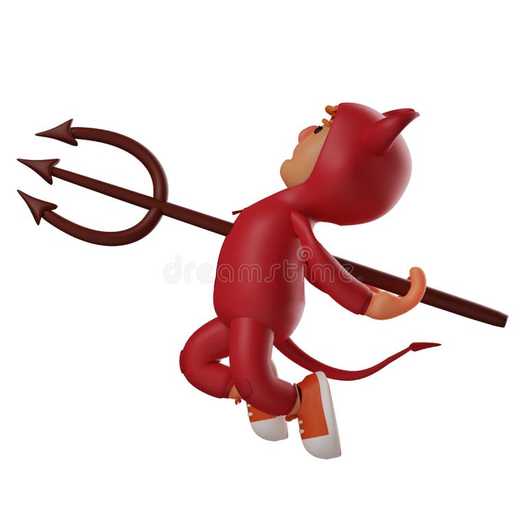 3D Red Devil Cartoon Illustration Start To Throw the Trident Stock ...