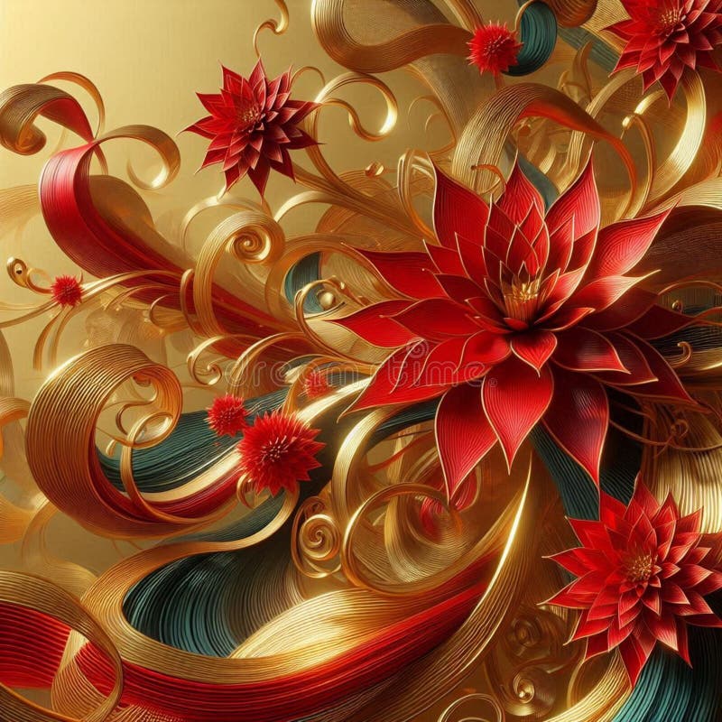 3d Red Flower Gold Vines,, As Expressionism, Awestruck Stock ...