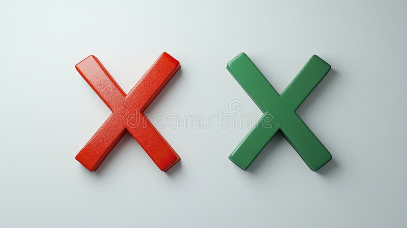 3D Red and Green X Icons Symbolizing Correct and Incorrect on Light ...