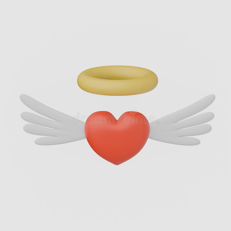 3D Red Heart Shape with White Wings and Yellow Angel Ring. 3D Render ...