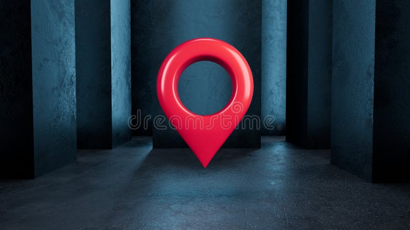 3 D Red Location Symbol. Map Pointer Icon on a Dark Blue Background ...