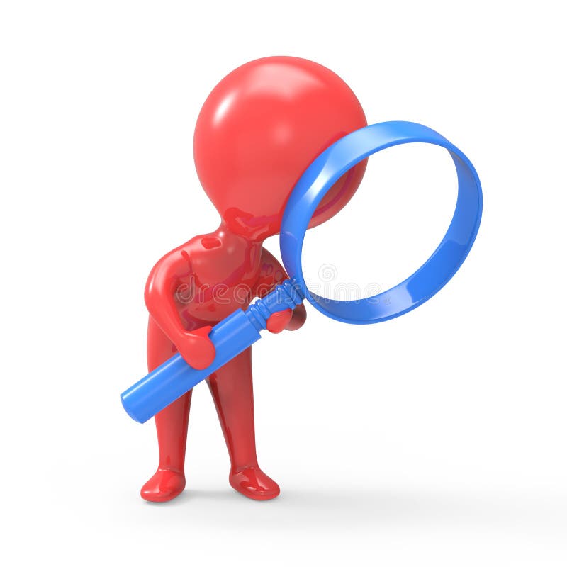 3d Red Man Has a Magnifying Glass Stock Illustration - Illustration of ...