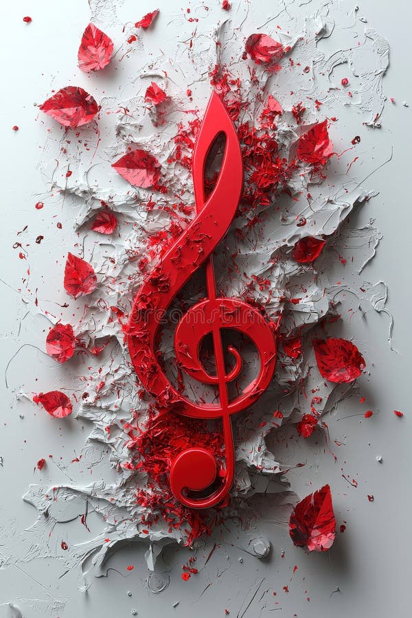 3D Red Musical Note Surrounded by Textured Leaves on a Light Background ...