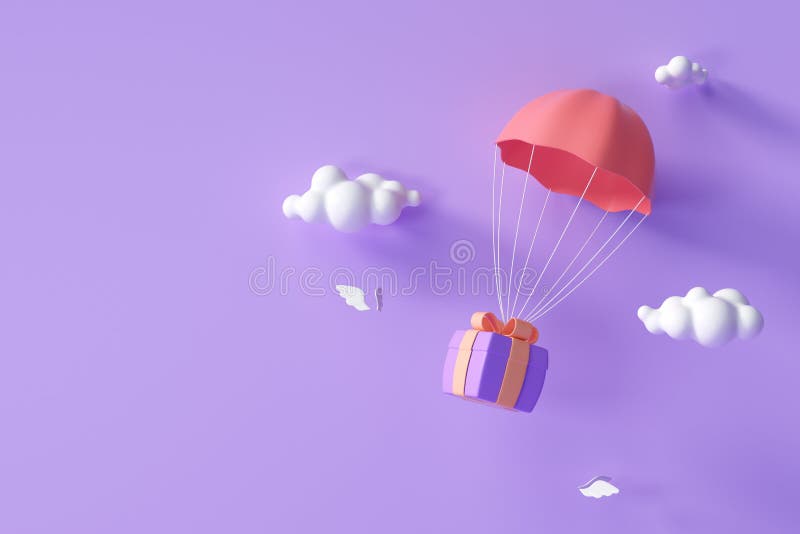 3D Red Parachute Carrying Purple Gift Box Flying through Clouds. 3d ...