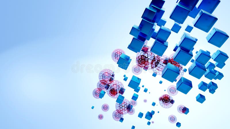 3d Red Particle Simulation of Blue Cube Sci-fi Shape in Free Space ...