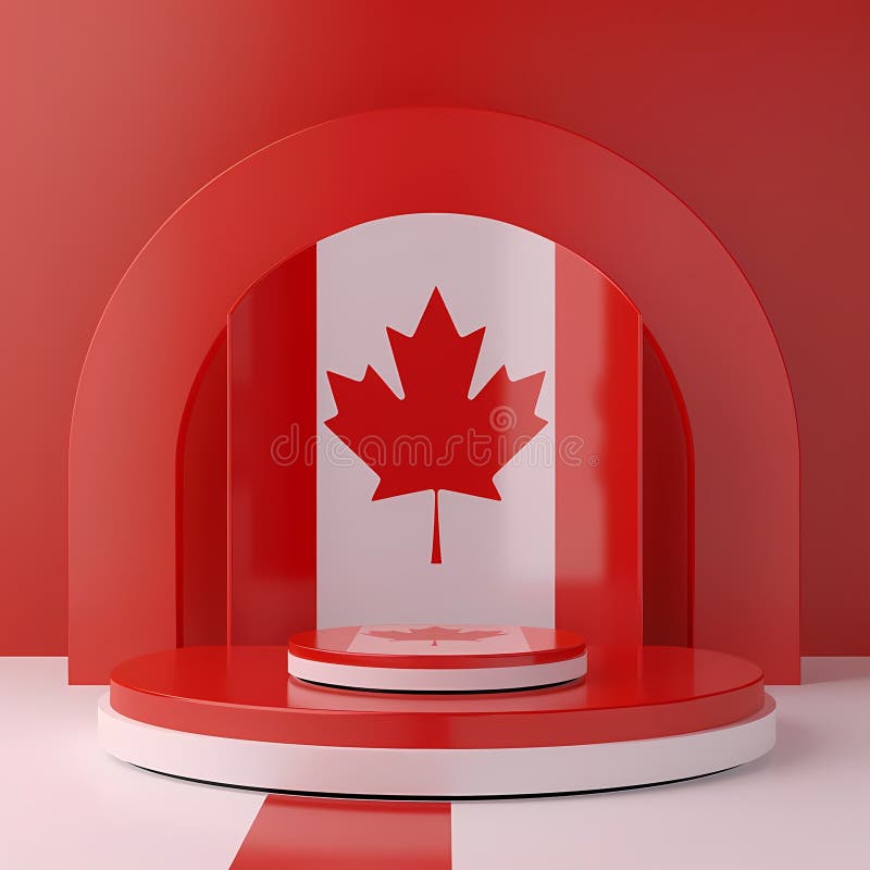 3D Red Product Display Podium with Canadian Maple Leaf Emblem. Empty ...