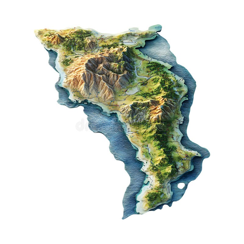 3D Relief Map Rendering with Visible Topography Water Features and ...