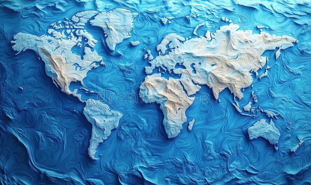 3D Relief Map of World with Ocean Waves and Textured Landforms Stock ...