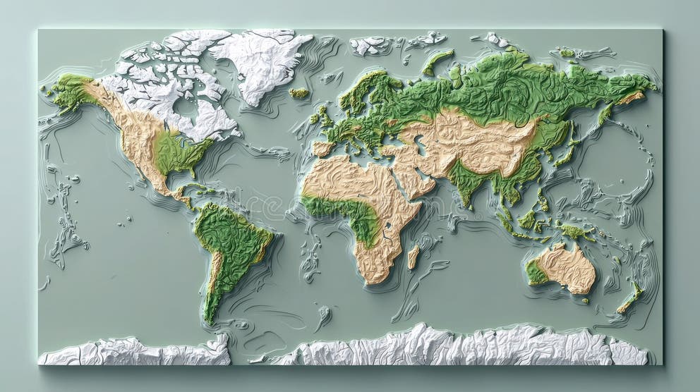 3D Topographic World Map with Relief and Contour Lines Stock Illustration - Illustration of ...