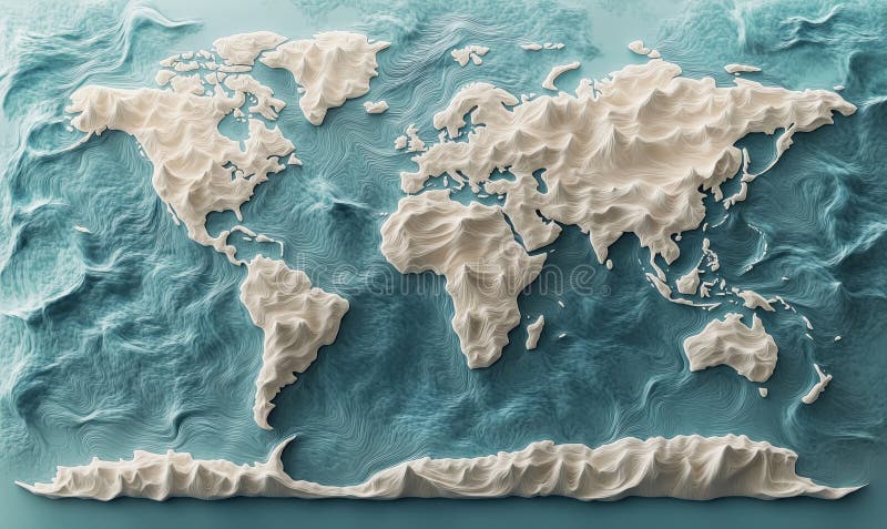 3D Relief Map of the World with Textured Ocean and Land Features Stock ...