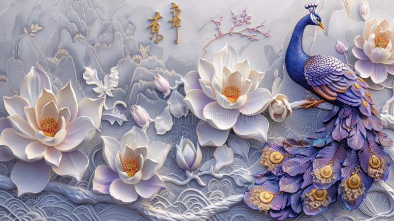 3D Relief Wallpaper with Peacock and Flowers Stock Illustration ...