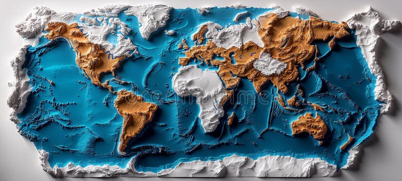 3D Relief World Map with Elevation Details and Ocean Depths Stock ...