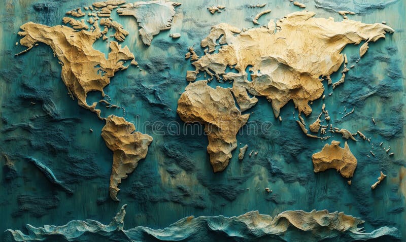 3D Relief World Map with Textured Continents and Ocean Waves in Vibrant ...
