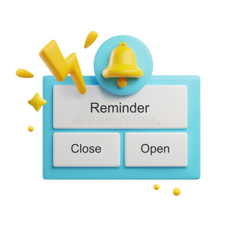 3D Rendering Reminder Notifications Page with Buttons, Flash Lightning ...