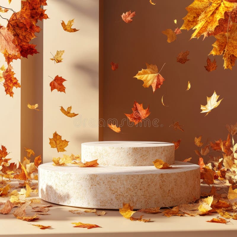 3d Render, Abstract Background with Autumn Leaves, Podium for Product ...