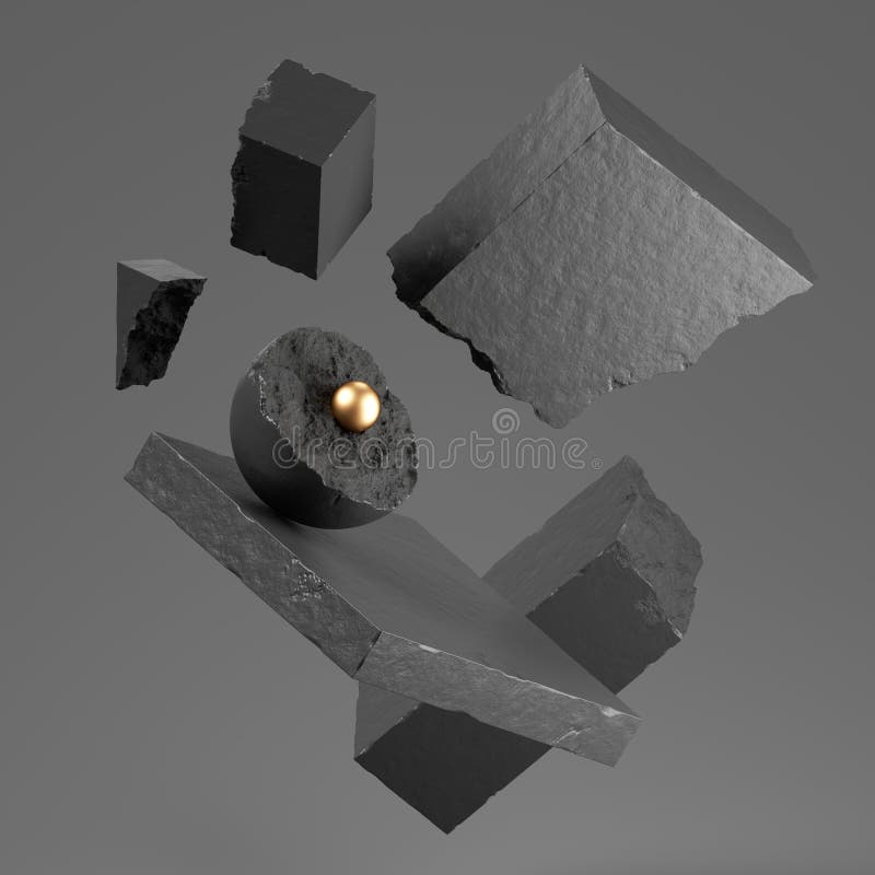 3d Render, Abstract Background with Concrete Stone Ruins and Broken ...