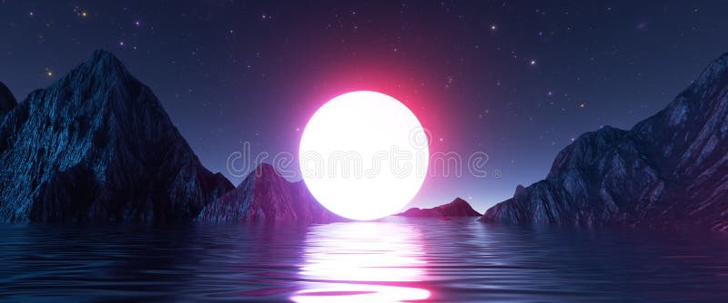 3d Render, Abstract Background with Landscape and Bright Moon, Round ...