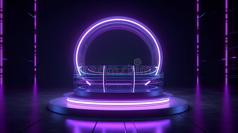 3d Render, Abstract Background with Neon Lights, Round Pedestal Stock ...