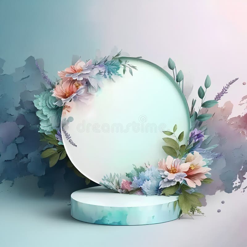 3d Render, Abstract Background with Round Podium, Floral Wreath Stock ...