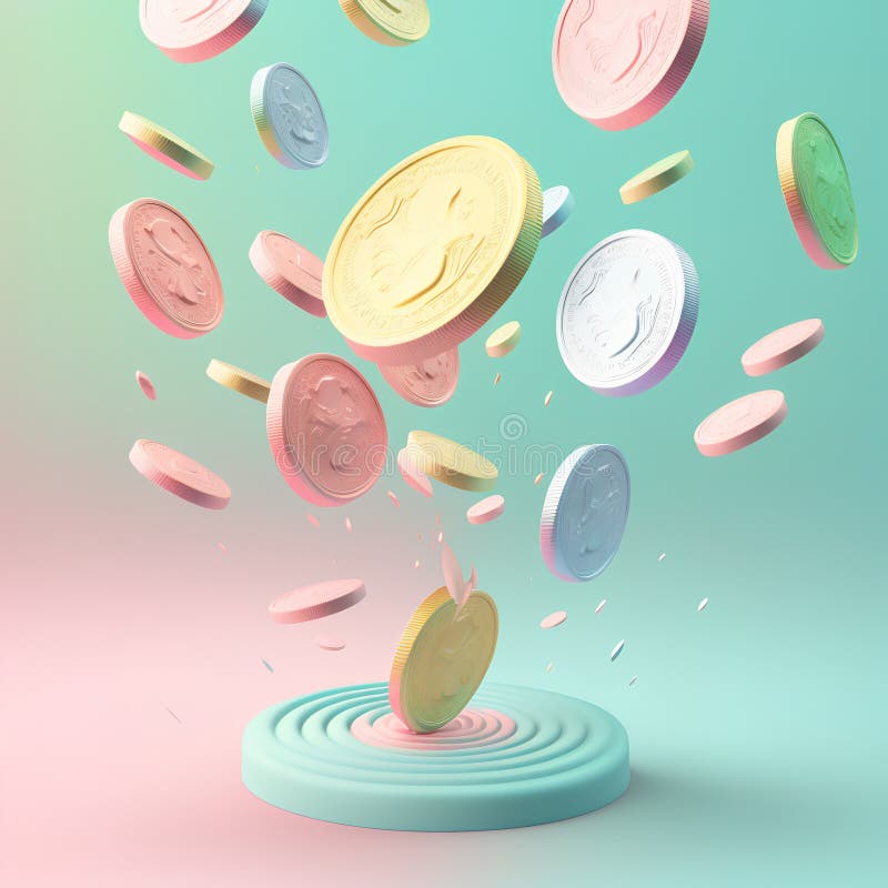 3d Render, Abstract Background with Round Podium and Flying Coins ...