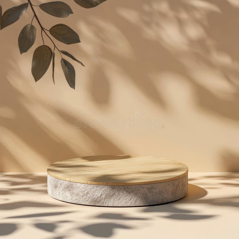 3d Render, Abstract Background with Round Podium and Leaves Shadows ...