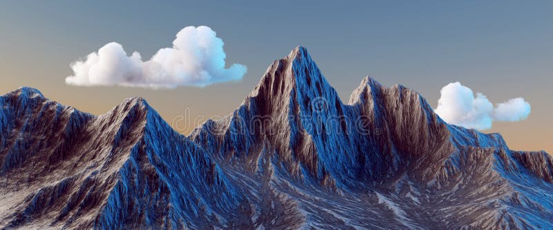 3d Render, Abstract Background. Terrain Landscape, White Clouds Above ...