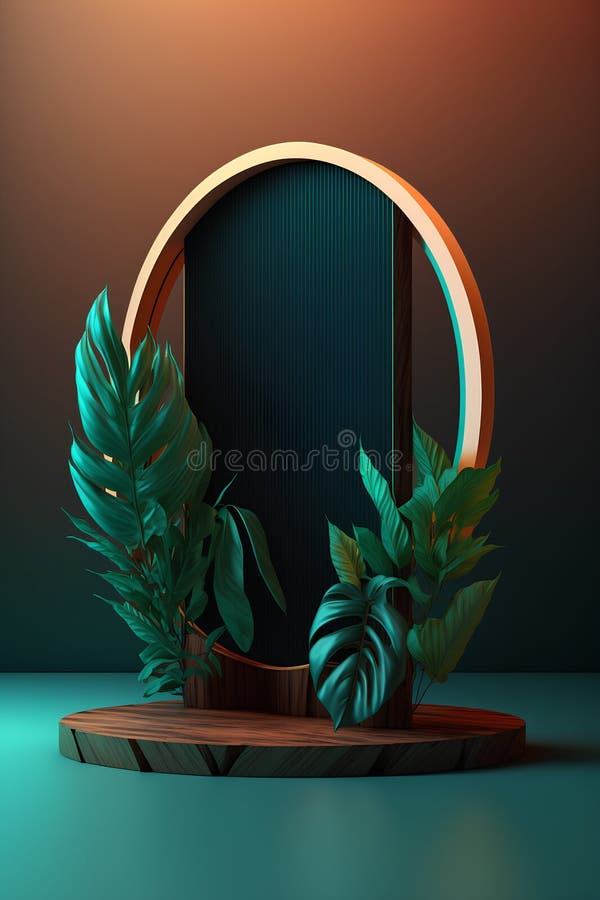 3d Render, Abstract Background with Tropical Plants, Round Frame ...