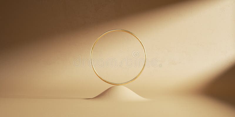3d Render, Abstract Beige Background with Round Golden Frame on a Hill ...