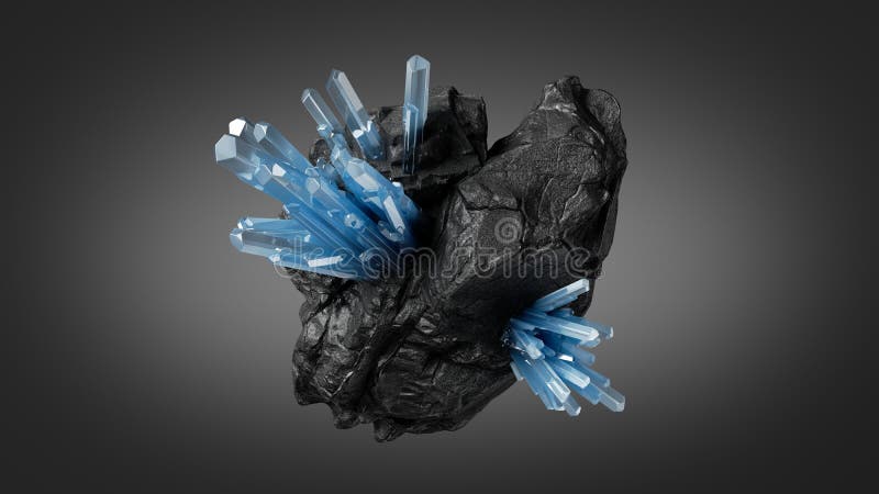 3d Render, Abstract Black Background with Blue Crystals Growing on ...