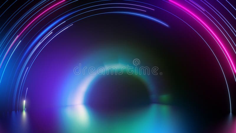 3d Render, Abstract Black Background with Blurry Neon Lines, Round Arch ...
