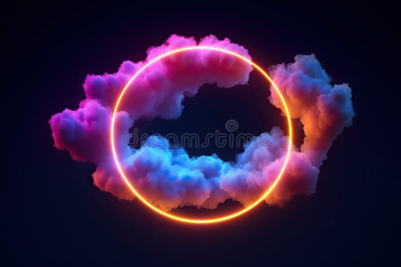 3d Render, Abstract Cloud Illuminated with Neon Light Ring on Dark ...