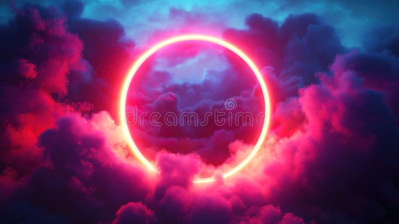 Abstract Cloud Illuminated with a Neon Light Ring, Floating in a Dark ...