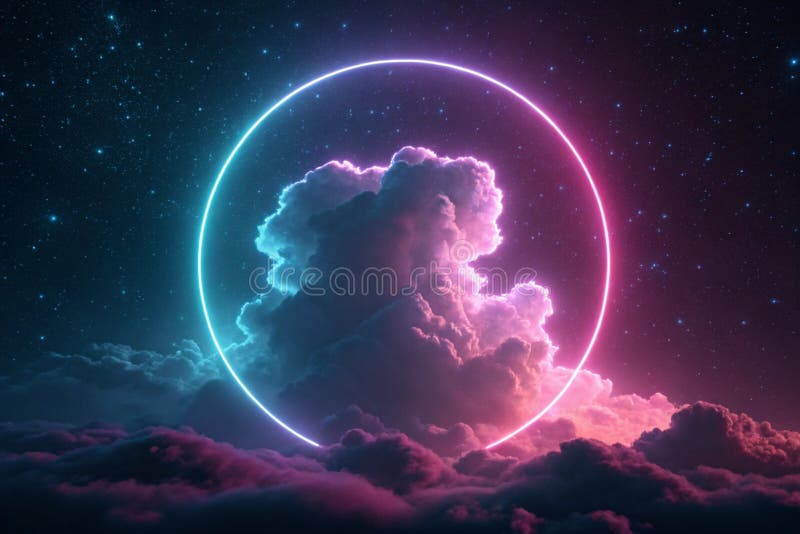3d Render, Abstract Cloud Illuminated with Neon Light Ring on Dark ...