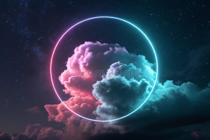 3d Render, Abstract Cloud Illuminated with Neon Light Ring on Dark ...