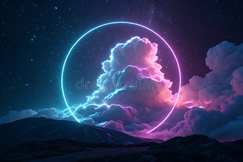 3d Render, Abstract Cloud Illuminated with Neon Light Ring on Dark ...