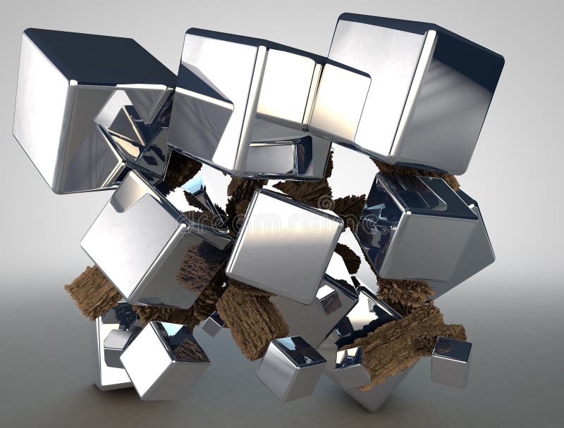 3D Render. Abstract Composition of Metal Polished Cubes and Pieces of ...
