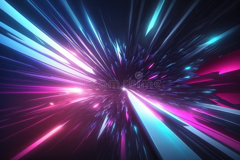 3d Render, Abstract Cosmic Panoramic Background, Blue Pink Neon Rays ...