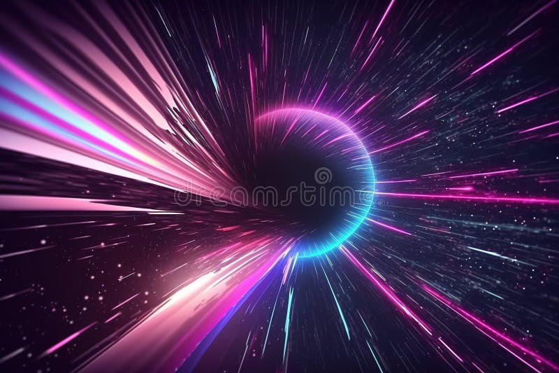 3d Render, Abstract Cosmic Panoramic Background, Blue Pink Neon Rays ...