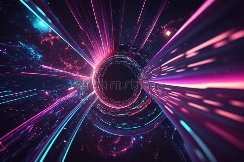 3d Render, Abstract Cosmic Panoramic Background, Blue Pink Neon Rays ...