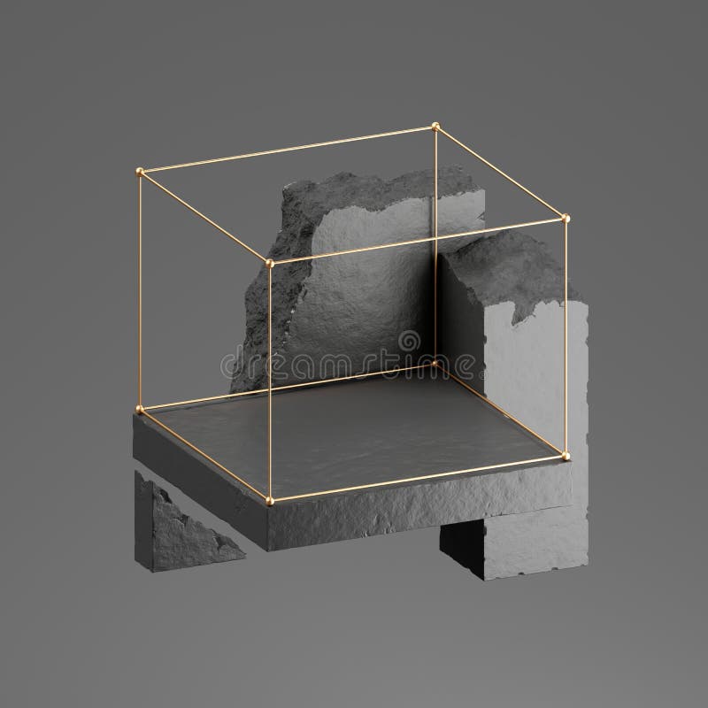 3d Render, Abstract Dark Geometric Background with Concrete Stone Ruins ...