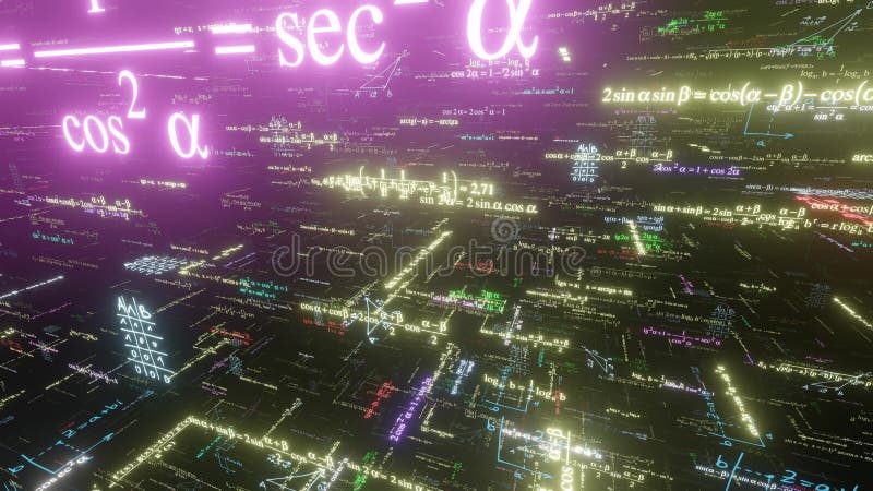 3D Render Abstract Digital Space with Mathematics Multicolored Formulas ...