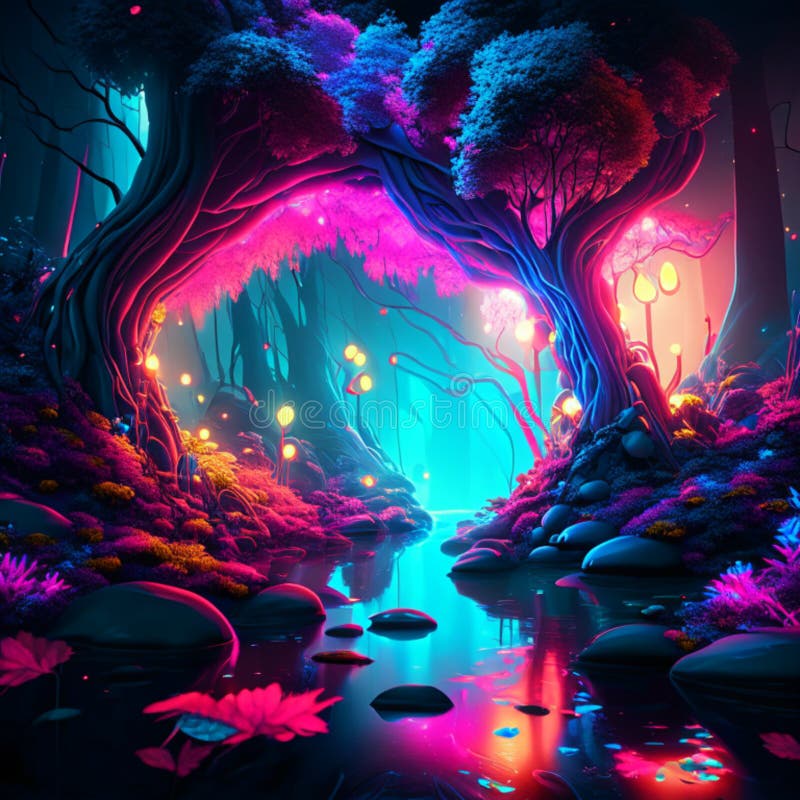 3d Render, Abstract Fantasy Forest Landscape with Neon Lights, Trees ...