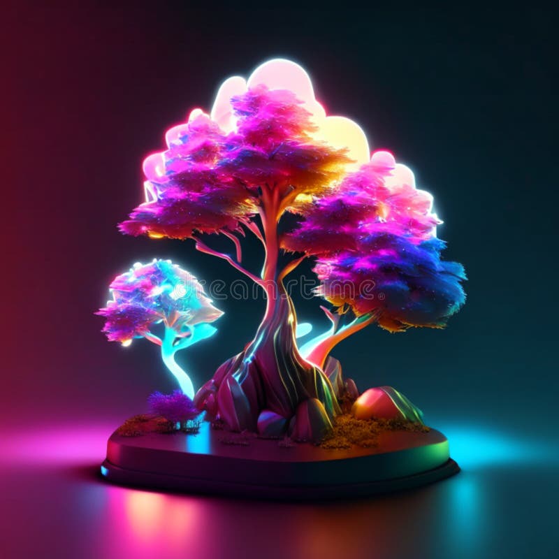 3d Render, Abstract Fantasy Tree in Neon Light, Digital Illustration AI ...