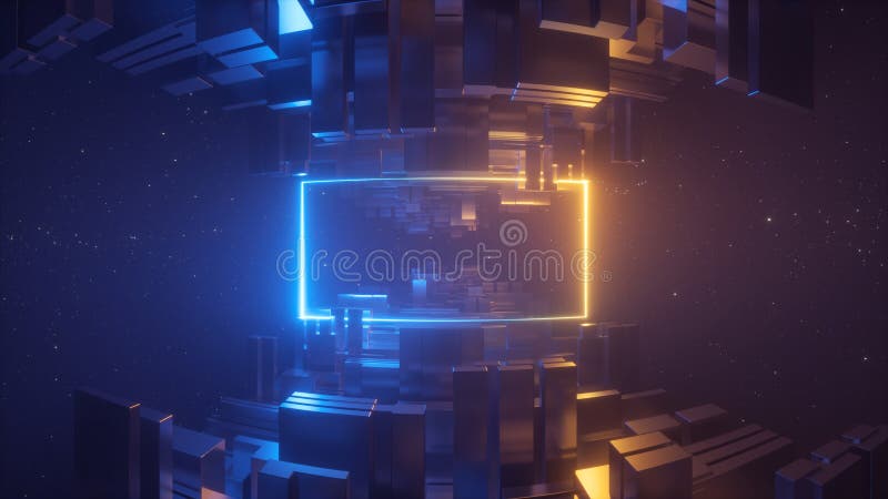 3d Render, Abstract Geometric Background, Blue Yellow Neon Light ...