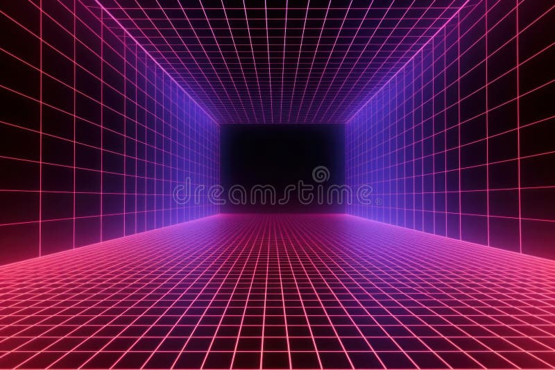 3d Render, Abstract Geometric Background, Cyber Space with Grid Inside ...