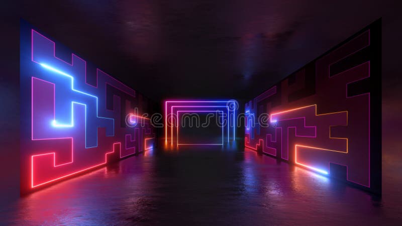 3d Render. Abstract Geometric Background with Neon Rectangular Frame ...