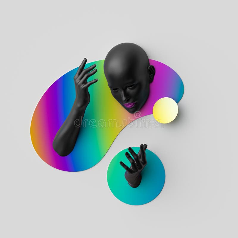 3d Render, Abstract Geometric Collage with Black Female Mannequin. Bald ...