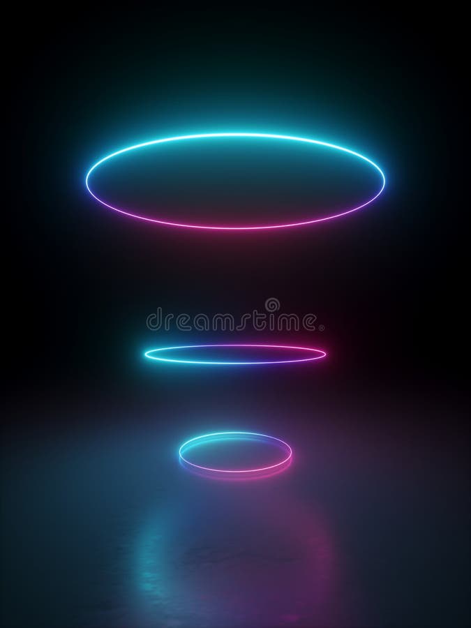 3d Render, Abstract Geometric Neon Background with Multiple Rings Over ...