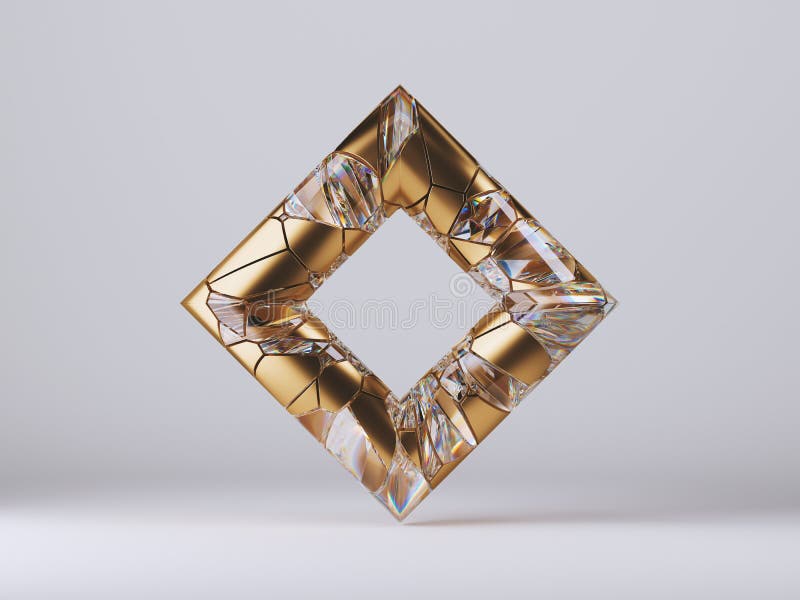 3d Render, Abstract Geometric Rhombus Shape, Gold and Crystal Glass ...